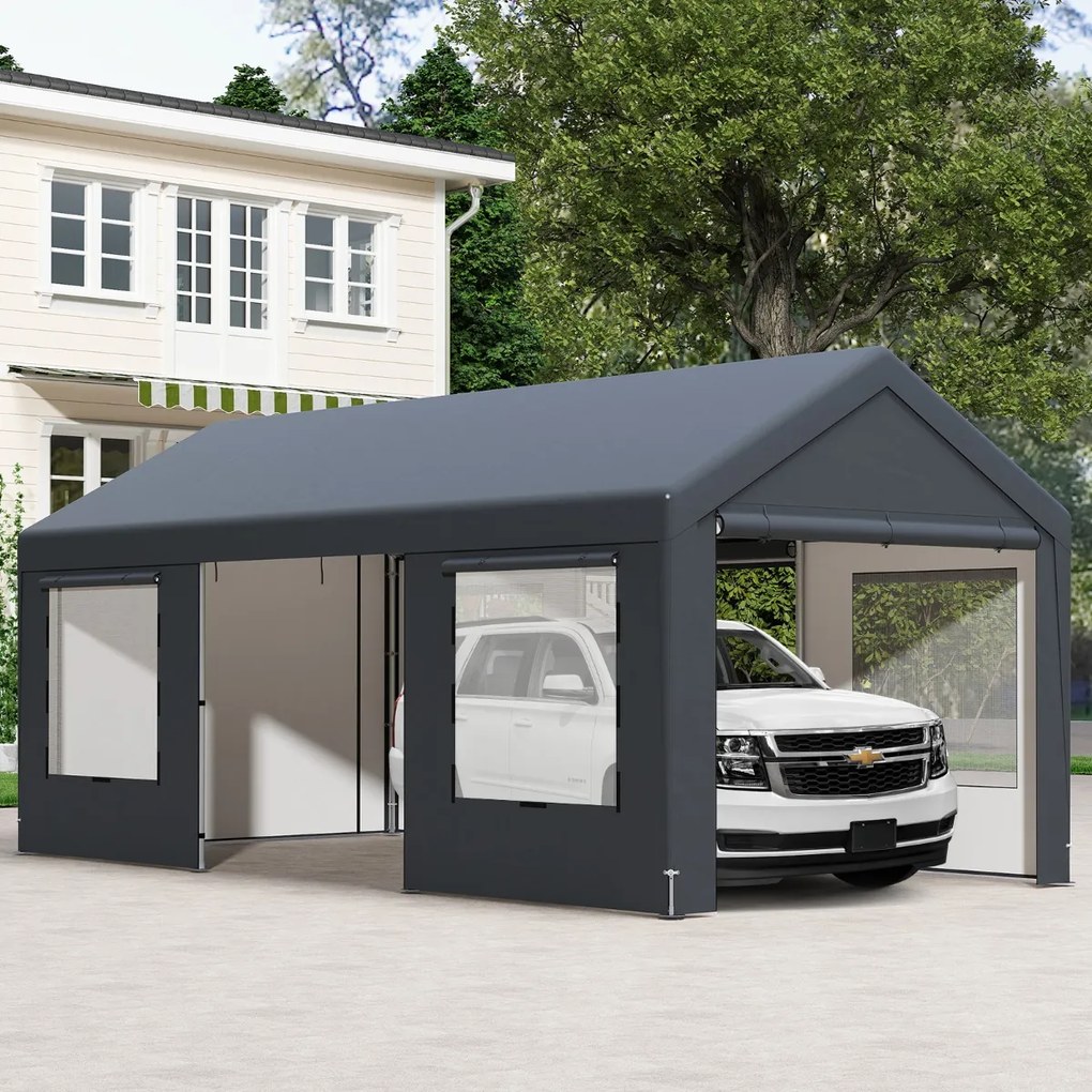 Costway Carport Stan Garáž s 8 odnímatelnými bočními stěnami a rolovacími dvířky