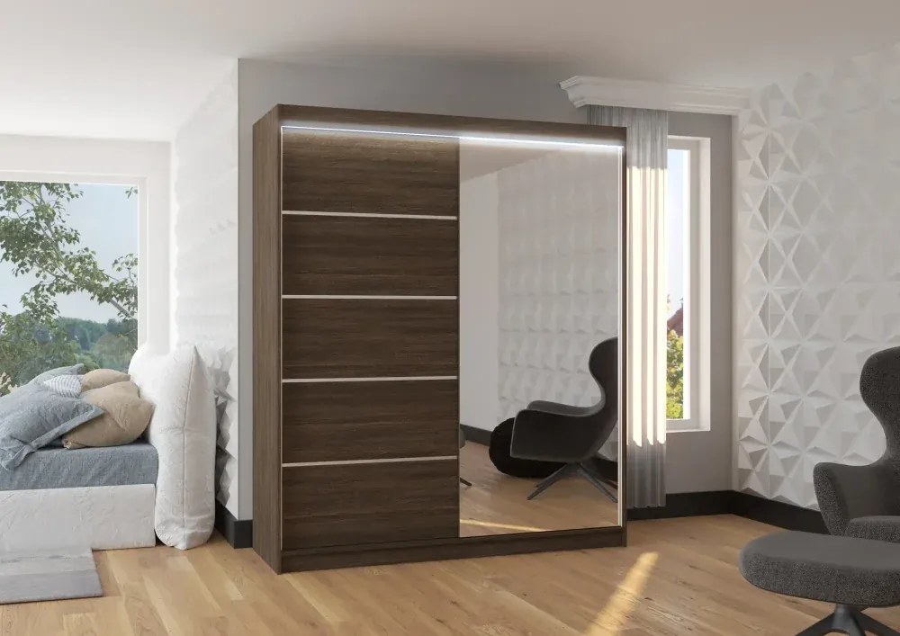Posuvná skříň se zrcadlem a LED osvětlením CARO 180 choco