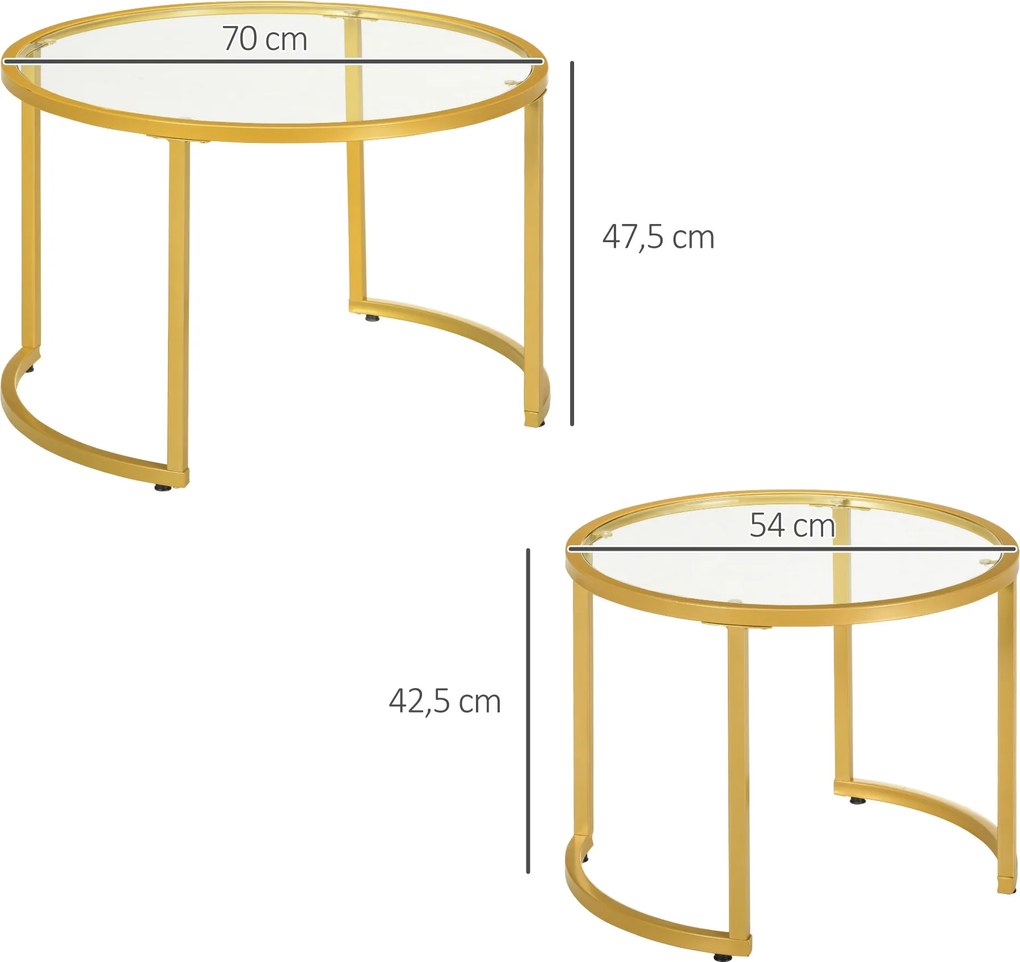 HOMCOM Sada 2 moderních kulatých stolků s variabilní výškou 70/54 cm, se skleněnou deskou a zlatým ocelovým základem