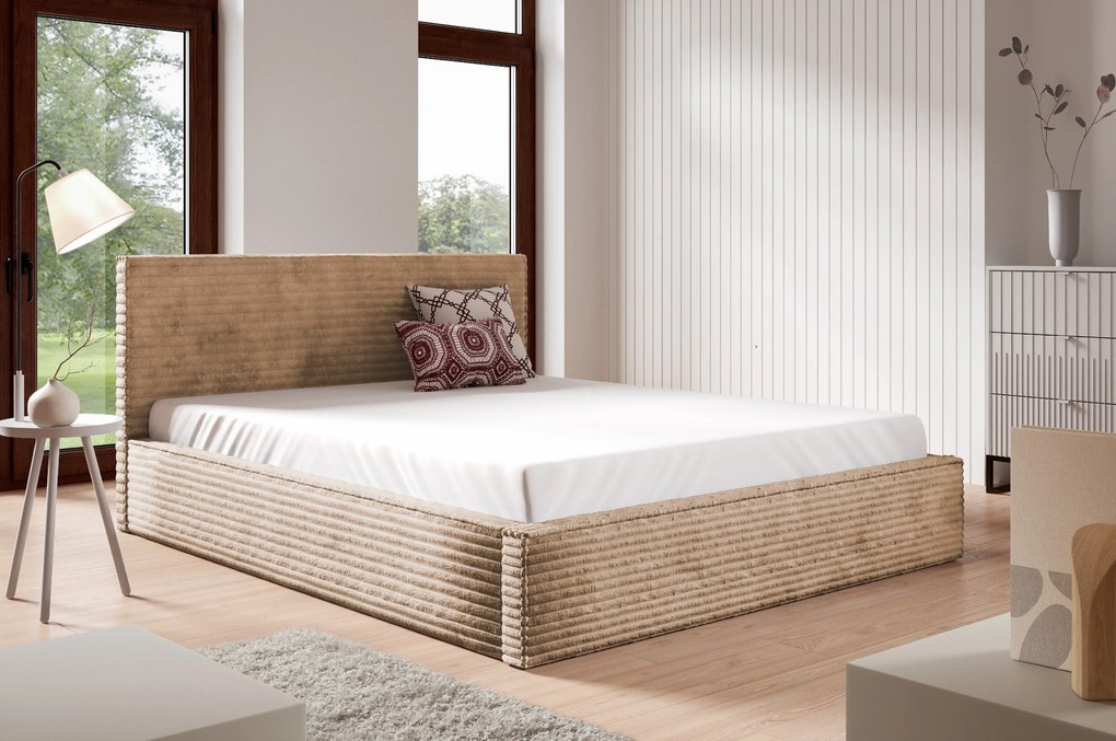 Eka Čalouněná postel STRIPS 120x200 cm Úložný prostor: S dřevěným rámem úložného prostoru, Barva látky Tilia: Krémová (Tilia 83)
