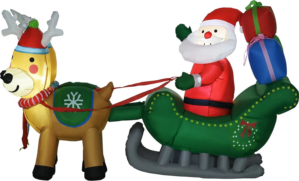 HOMCOM Vánoční Nafukovací Dekorace Santa Claus se Saněmi a 2 Sobíky s 4 LED Světly pro Zahradu a Terasu 210 cm x 70 cm x 125 cm | Aosom