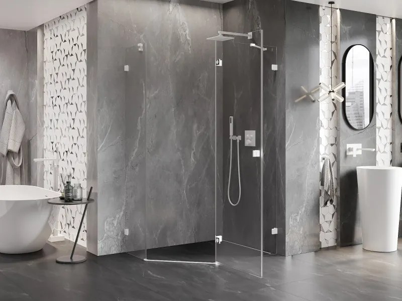 Mexen Lunar, pravý výklopný pětiúhelníkový sprchový kout 90 x 80 cm, 8mm čiré sklo, bílý profil, 831-090P-080L-20-00-P