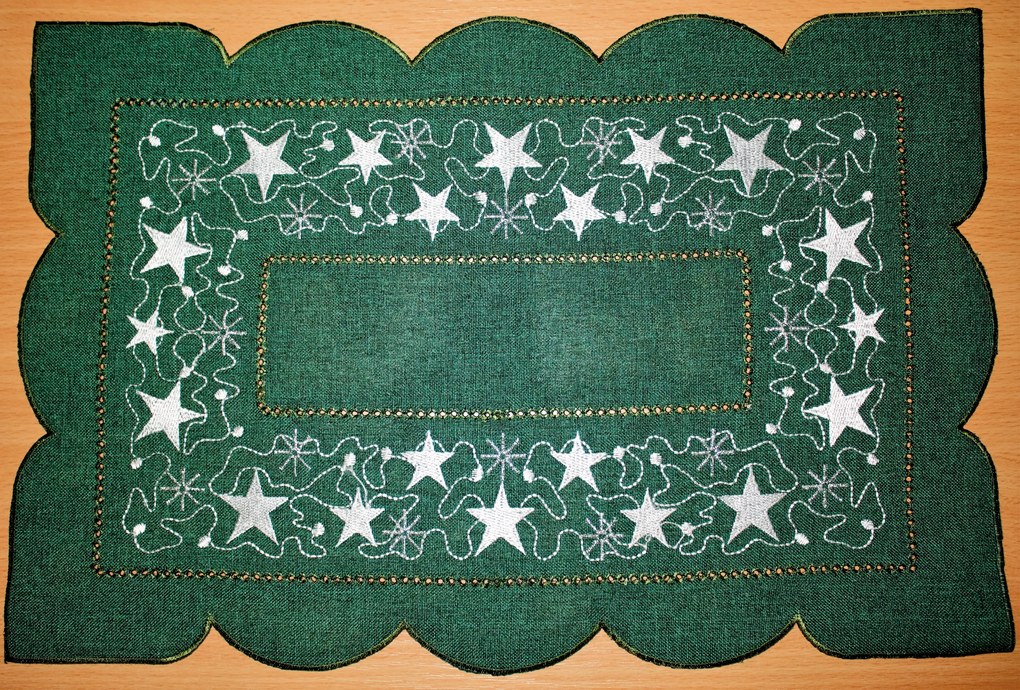 Levné-garnýže.cz - Vánoční ubrus vyšívaný -  Hvězdičky zelené 35 x 160 cm