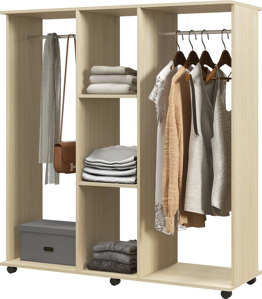 HOMCOM Mobilní skříň s úložným prostorem na 6 kolečkách 120 x 40 x 128 cm Přírodní dřevo