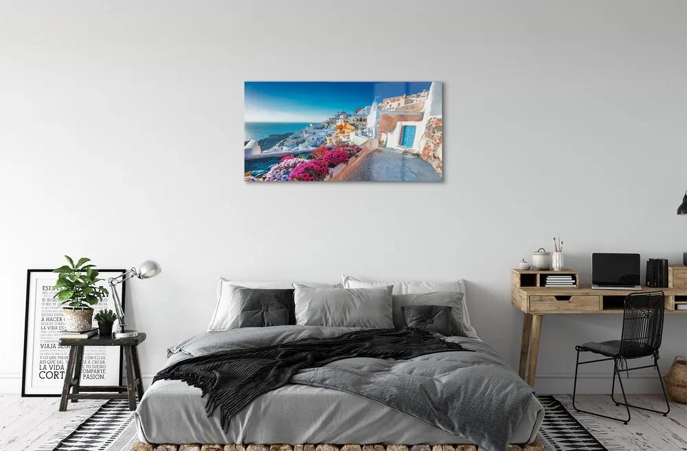 Obraz na skle Budovy Řecko mořské květiny 125x50 cm