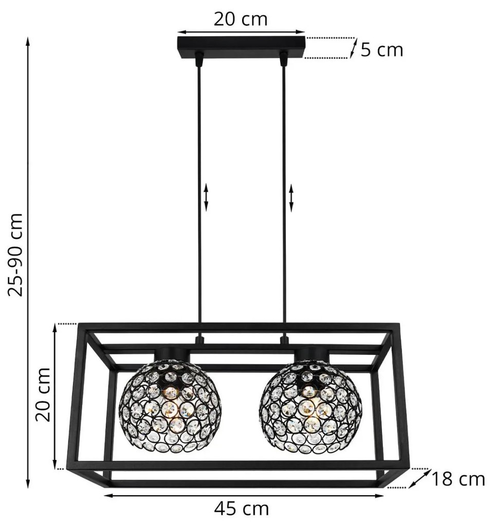 Závěsné svítidlo CRYSTAL CAGE, 2x černé křišťálové stínítko v kovovém rámu