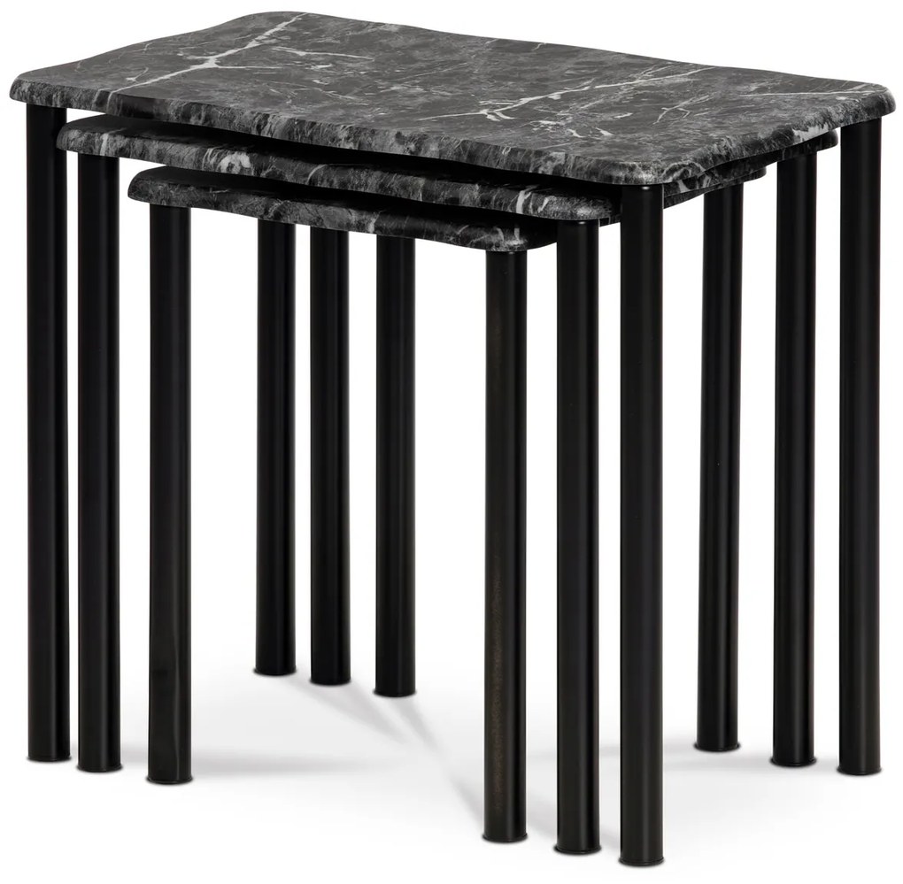 Přístavné a odkládací stolky, set 3 ks, deska černý mramor, kovové nohy, černý m - 20658-04 BK