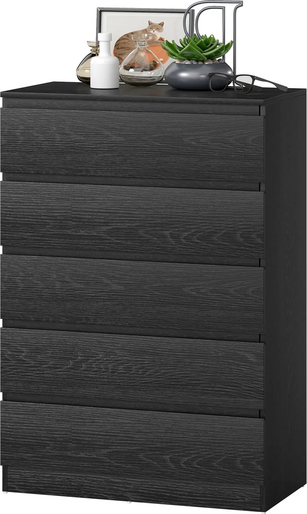 HOMCOM komoda do ložnice s 5 zásuvkami, zásuvková skříň do obývacího pokoje, kanceláře, moderní design 77x40x111,5 cm, černě dřevěný