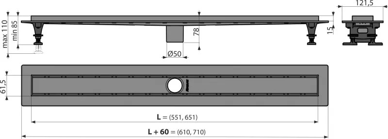 ALCA Podlahový žlab s okrajem pro perforovaný rošt nebo vložení dlažby, bez zápachové uzávěry APZ2012-650