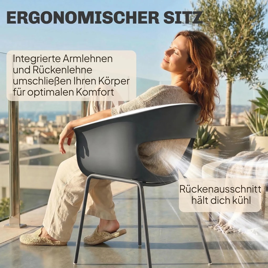 Zahradní židle sada 4 ergonomických balkónových židlí s výřezem v područce odolné proti povětrnostním vlivům tmavě šedé barvy