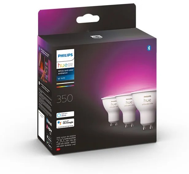 Philips HUE LED White and color Ambiance žárovka GU10 3x4,3W 350lm 2000-6500K+RGB stmívatelná BlueTooth 3-set LED HUE žárovky