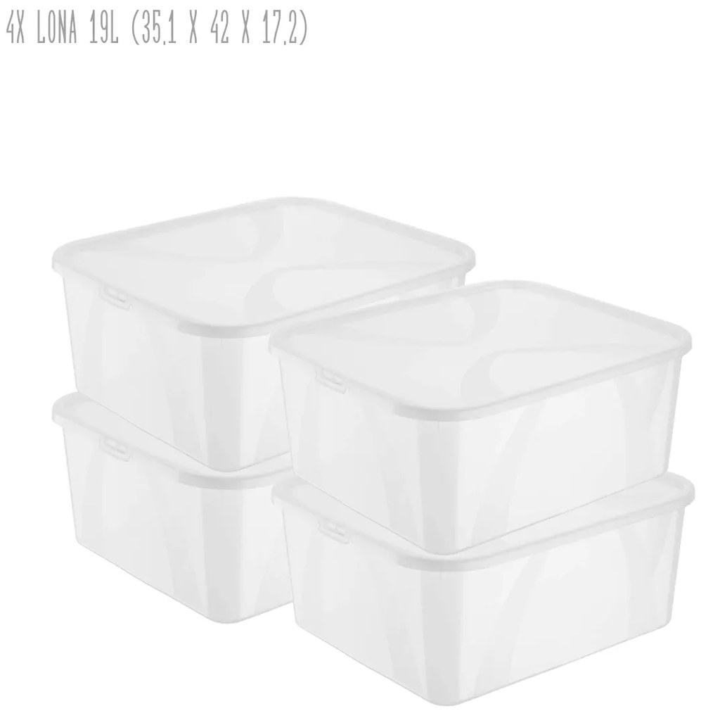 Sada 4 kusů úložných boxů s víkem, Rotho LONA, 42x35x17 (4 x 19l) SADA
