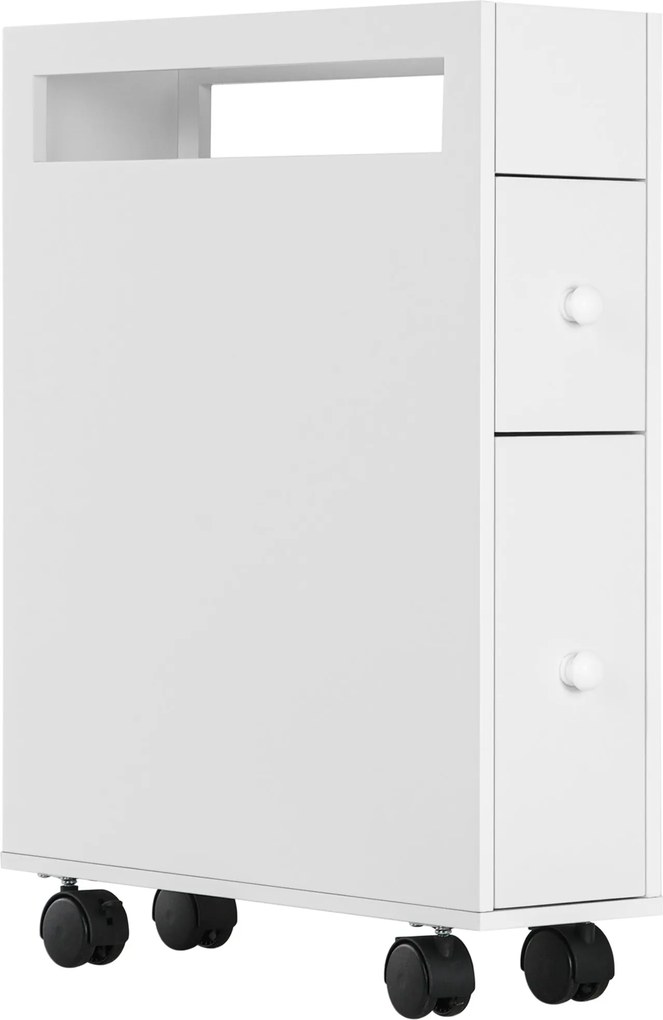 Kleankin úložný kabinet do koupelny s 4 kolečky, 2 zásuvkami a otevřenou policí, 16x49,5x66cm, bílý | Aosom
