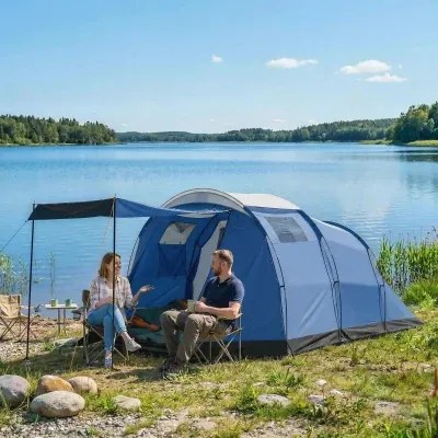 Outsunny tunelový stan pro 4 osoby, vodotěsný 3000 mm, dvojvrstvý, s nízkou kondenzací, výška 190 cm, tmavě modrý