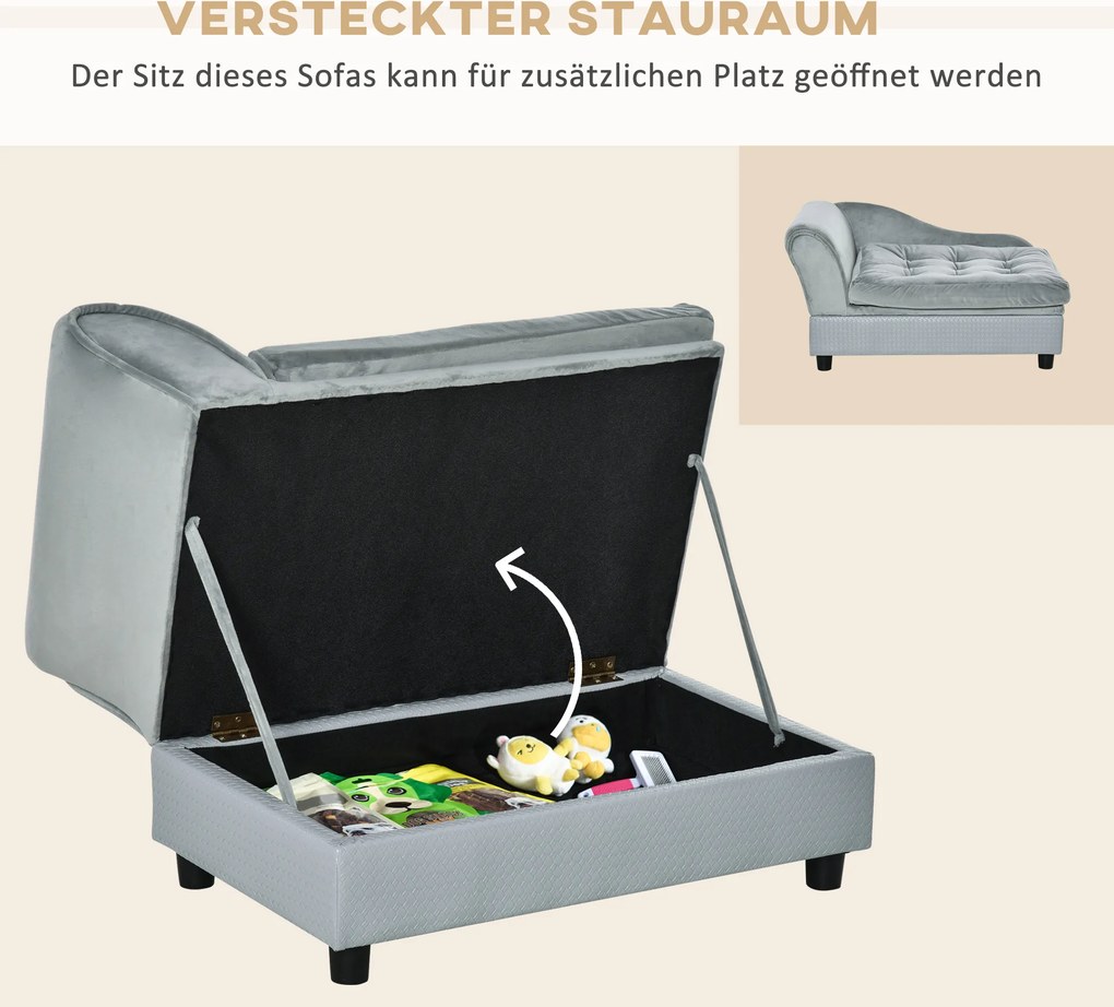 PawHut pohovka pro psy 76x45x41,5 cm s úložným prostorem a vysokým opěradlem, nosnost do 15 kg, plyš a přírodní dřevo, světle modrá pro malé psy