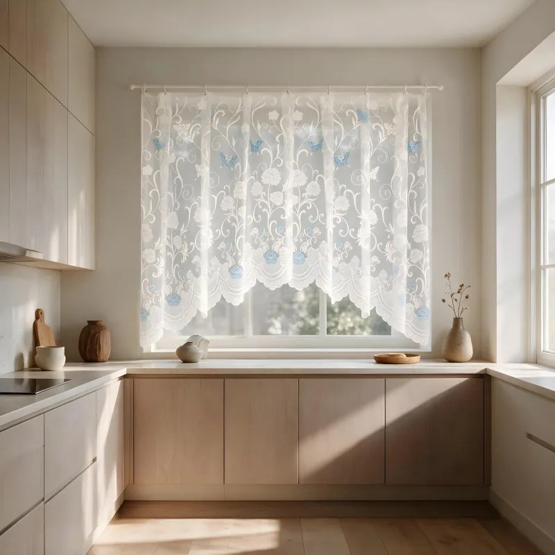 Hotová žakarová oblouková záclona bílá motýl 180x320 Ervi 7514