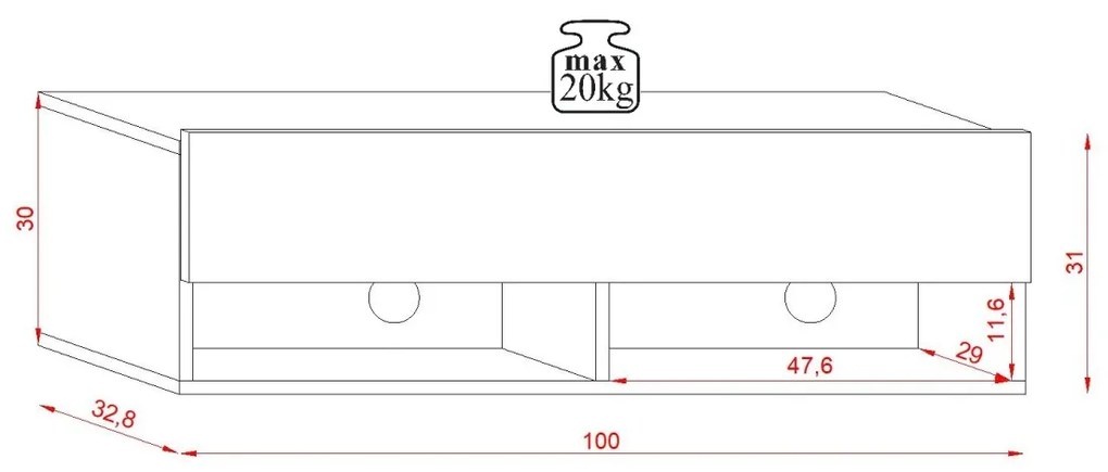 Závěsný TV stolek Derby 100 cm bílý mat/bílý lesk