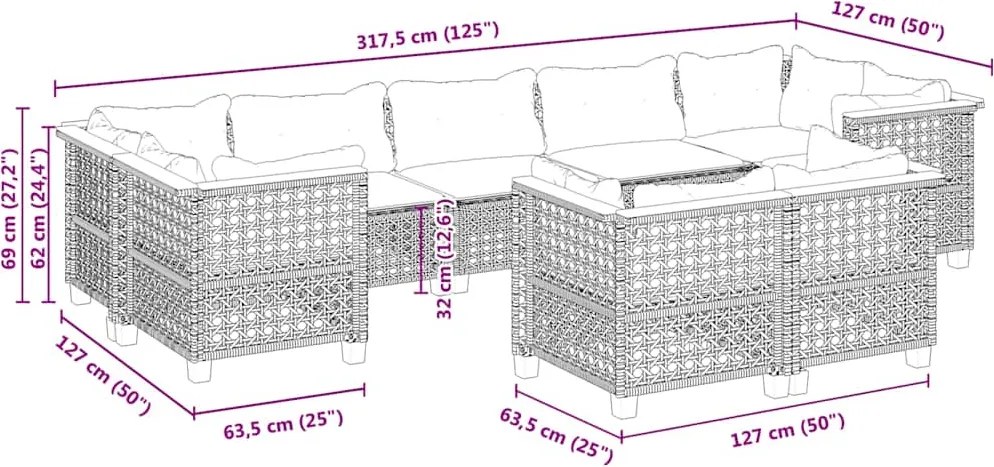 9dílná zahradní sedací souprava s poduškami béžová polyratan 3261994