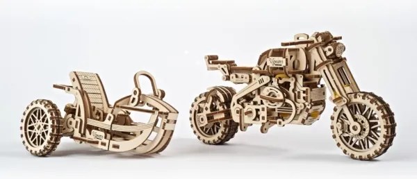 Ugears - 3D dřevěné mechanické puzzle Motorka scrambler s vozíkem