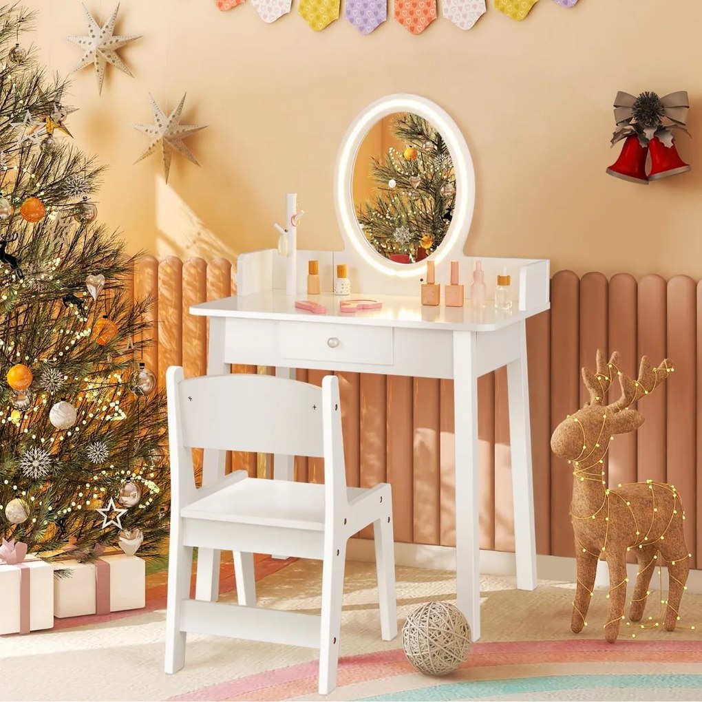 Costway Dětský toaletní stolek s osvětleným zrcadlovým kosmetickým stolkem