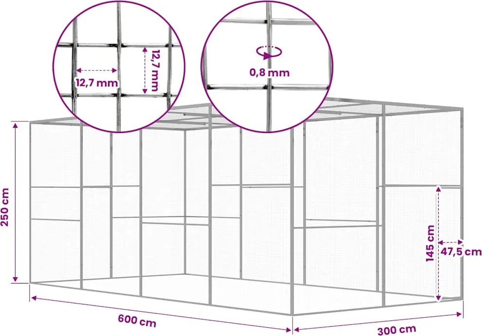 Klec pro kočky 6 x 3 x 2,5 m pozinkovaná ocel 146362
