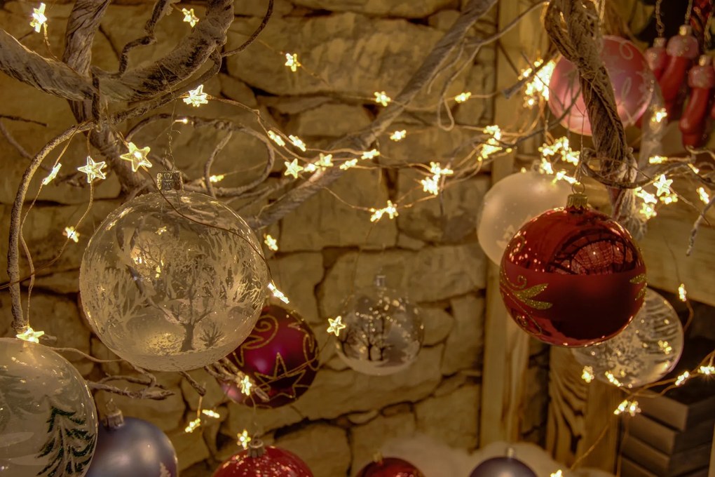 LED světelný řetěz, hvězdičky, 12 pramenů × 1,5 m, venkovní, teple bílá, 180 diod, měděný kabel, IP44, vč. zdroje
