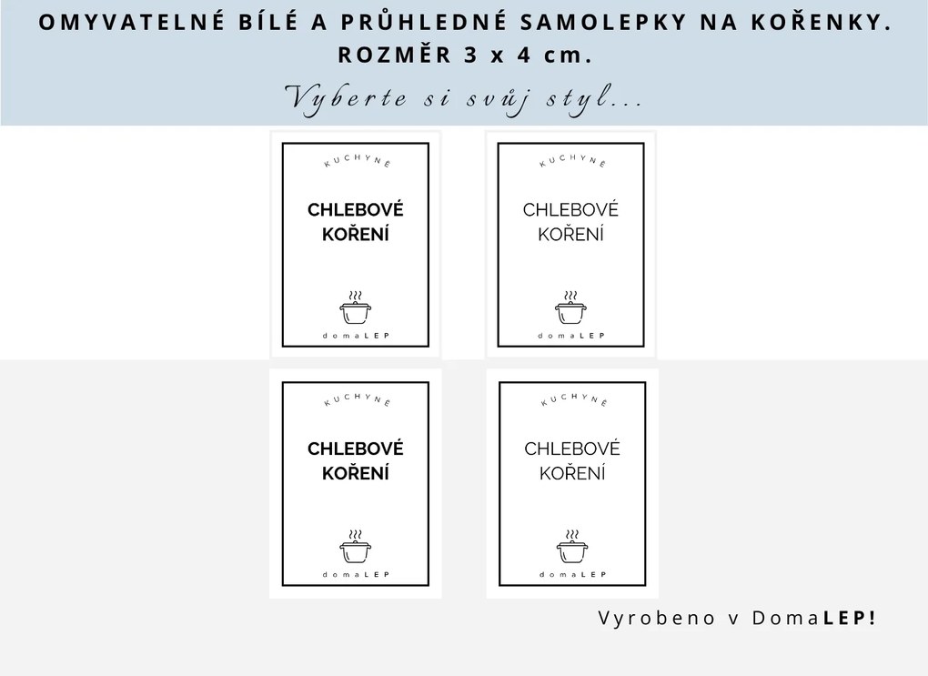 CHLEBOVÉ KOŘENÍ - Samolepka na kořenky 3 x 4 cm - DomaLEP varianta: PRŮHLEDNÁ - tučné písmo