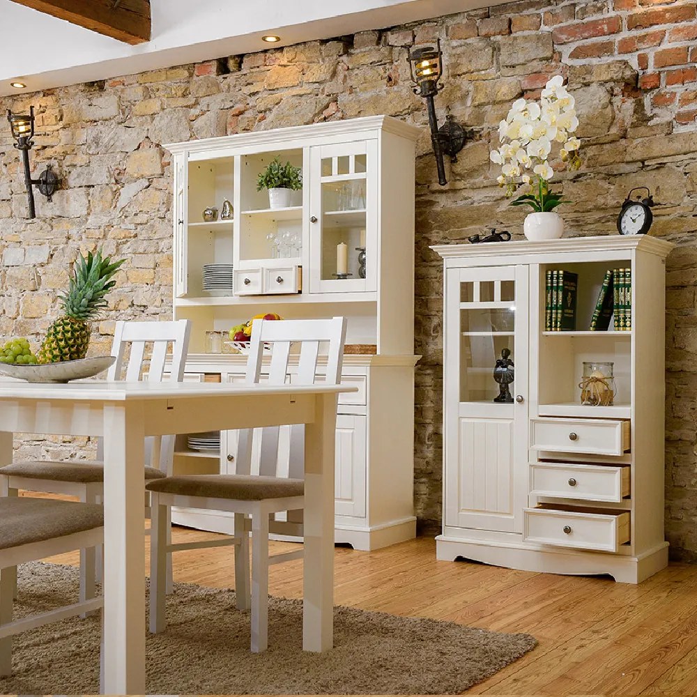 Massive home | Belluno Elegante bílá vitrína 1D3S z masivu s bílou deskou
