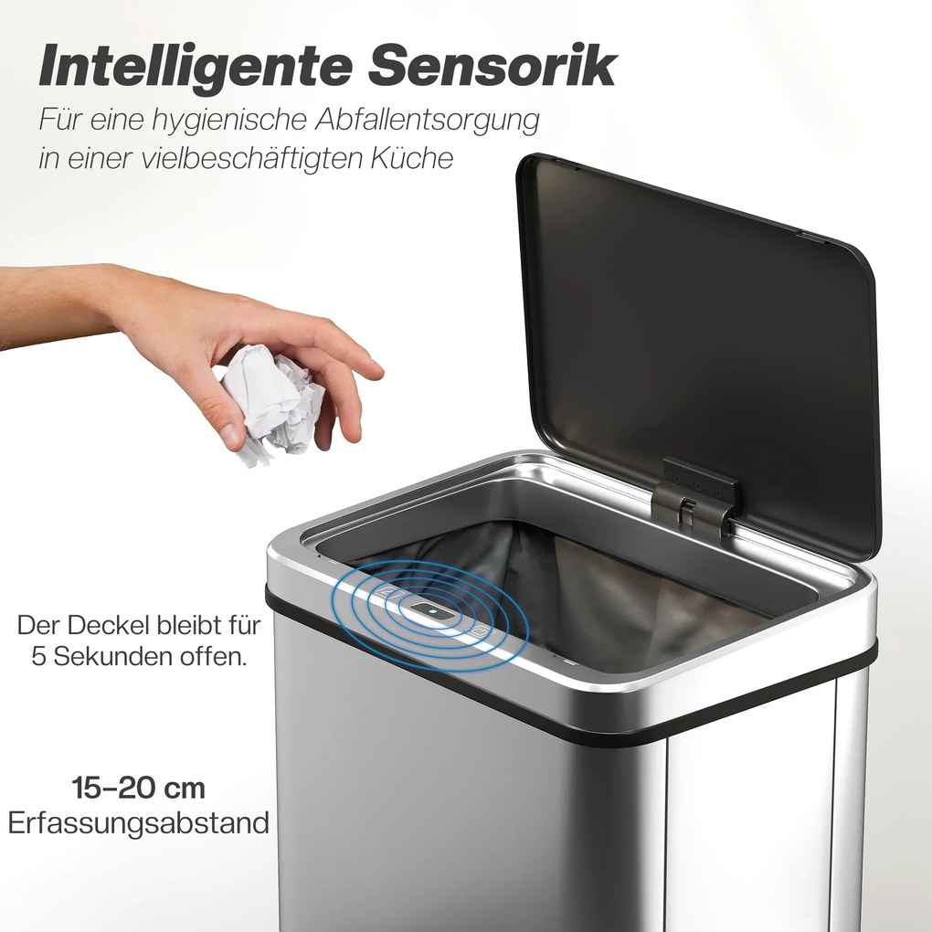 HOMCOM Senzorový koš na odpadky 40L, nerezová ocel, automatický odpadkový koš s víkem s funkcí tichého zavírání, pohybový senzor, 35,5 x 26 x 55 cm, …