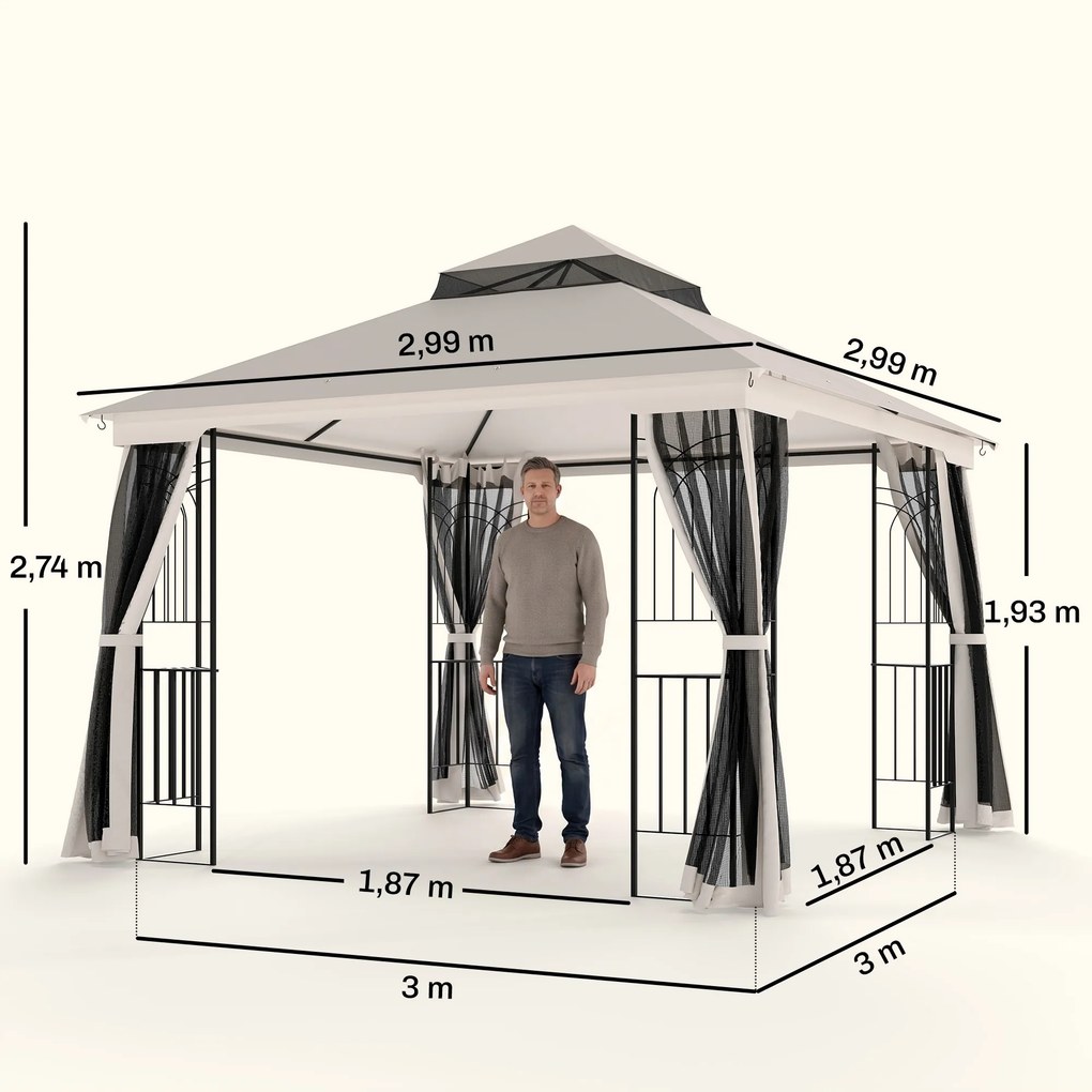 Zahradní pavilon Outsunny s dvojitou střechou a párty stanem 2,99 x 2,99 m se 4 bočními stěnami z kovu a polyesteru v béžové barvě