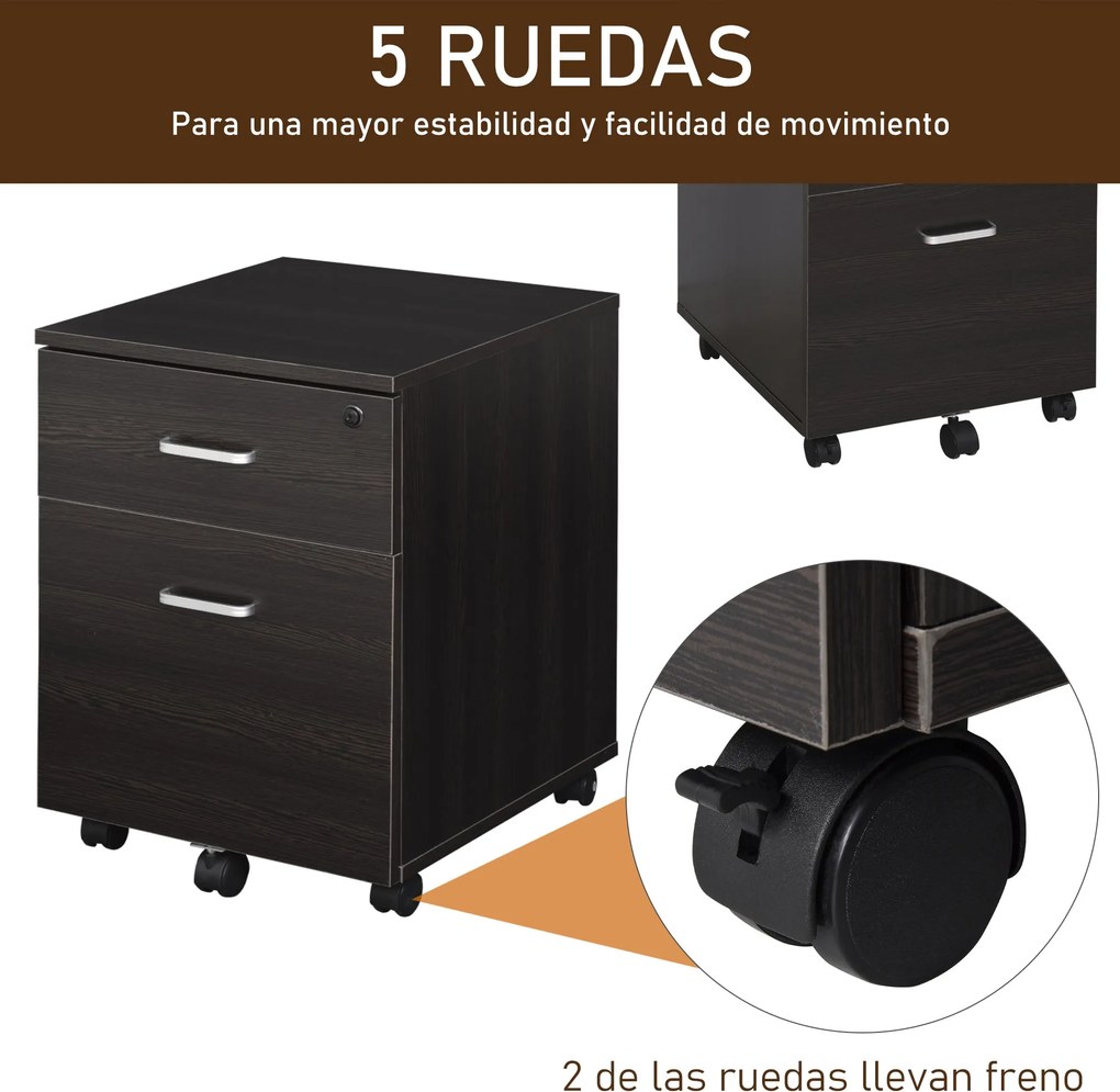 Vinsetto Mobilní Kancelářská Skříň na A4 s Kolečky - Skříň s 2 Zásuvkami a Zámkem 40x45x55,6 cm Wengué