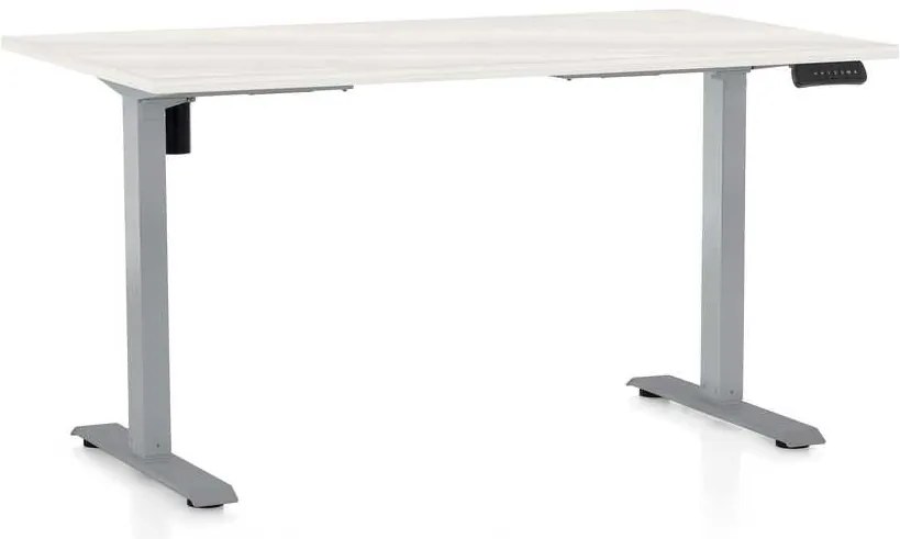 Výškově nastavitelný stůl OfficeTech B, 140 x 80 cm, šedá podnož, bílý jasan