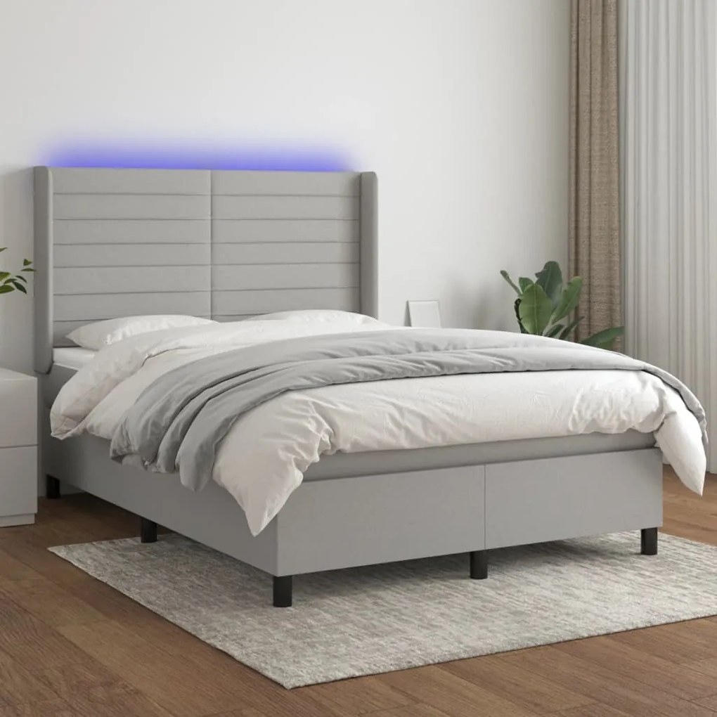 Box spring postel s matrací a LED světle šedá 140x190 cm textil