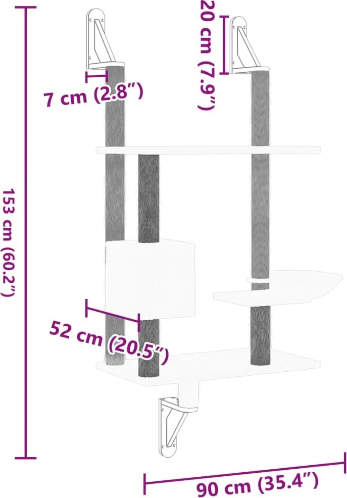 Nástěnné škrabadlo pro kočky se sloupkem světle šedé 153 cm 172405