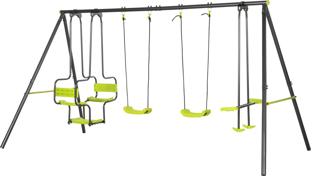 Zahradní houpačka Outsunny pro děti s 2 houpačkami, klouzačkou a ocelovým rámem pro děti ve věku 3-8 let 355x184x186 cm Zelená | Aosom