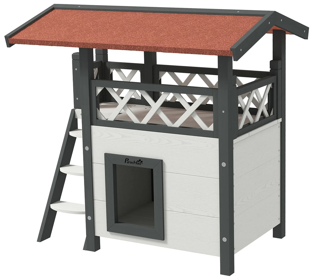 Dvoupatrový domek pro kočky PawHut s asfaltovou střechou a balkonem, vila pro kočky se schody z masivního dřeva, bílá, 77 x 50 x 73 cm | Aosom.de