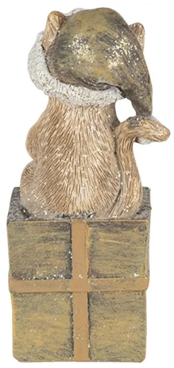 Vánoční dekorativní soška kočky s čepicí na dárku – 5x4x10 cm