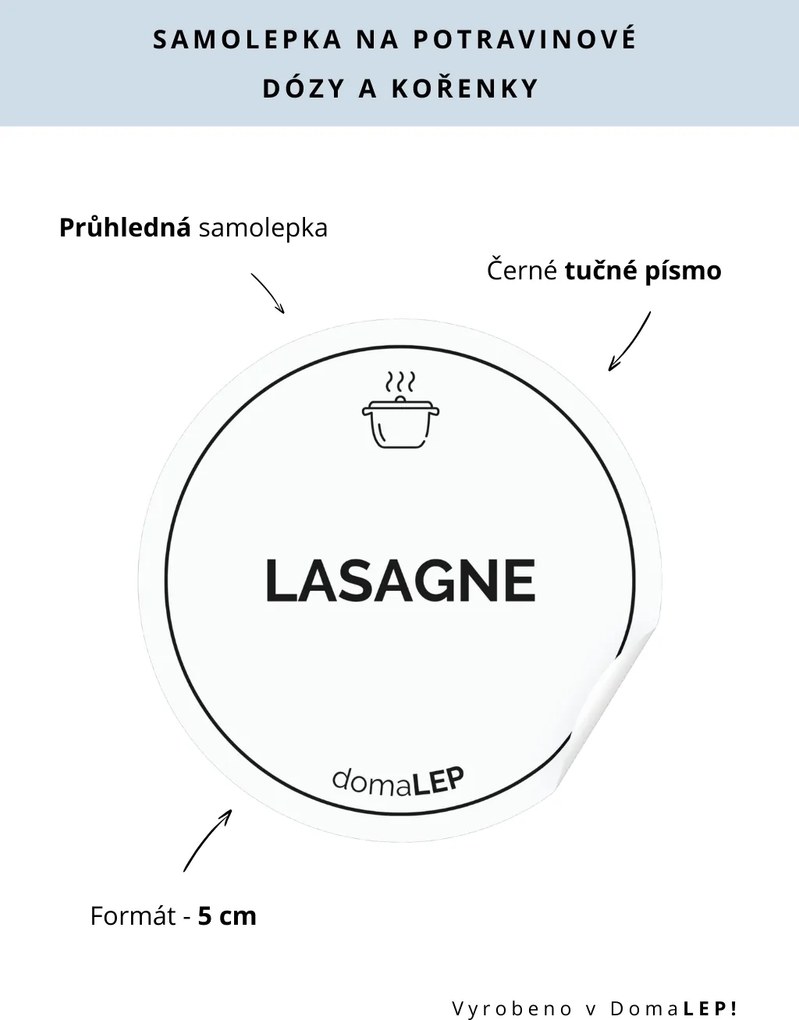 LASAGNE  – průhledná samolepka na dózu, tučné písmo, 5 cm | DomaLEP
