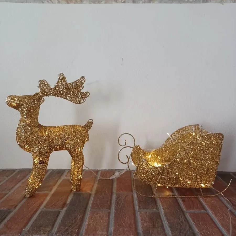 3D LED svítící jelen se sáněmi, 40 cm, teple bílá, hliník, vč. trafa