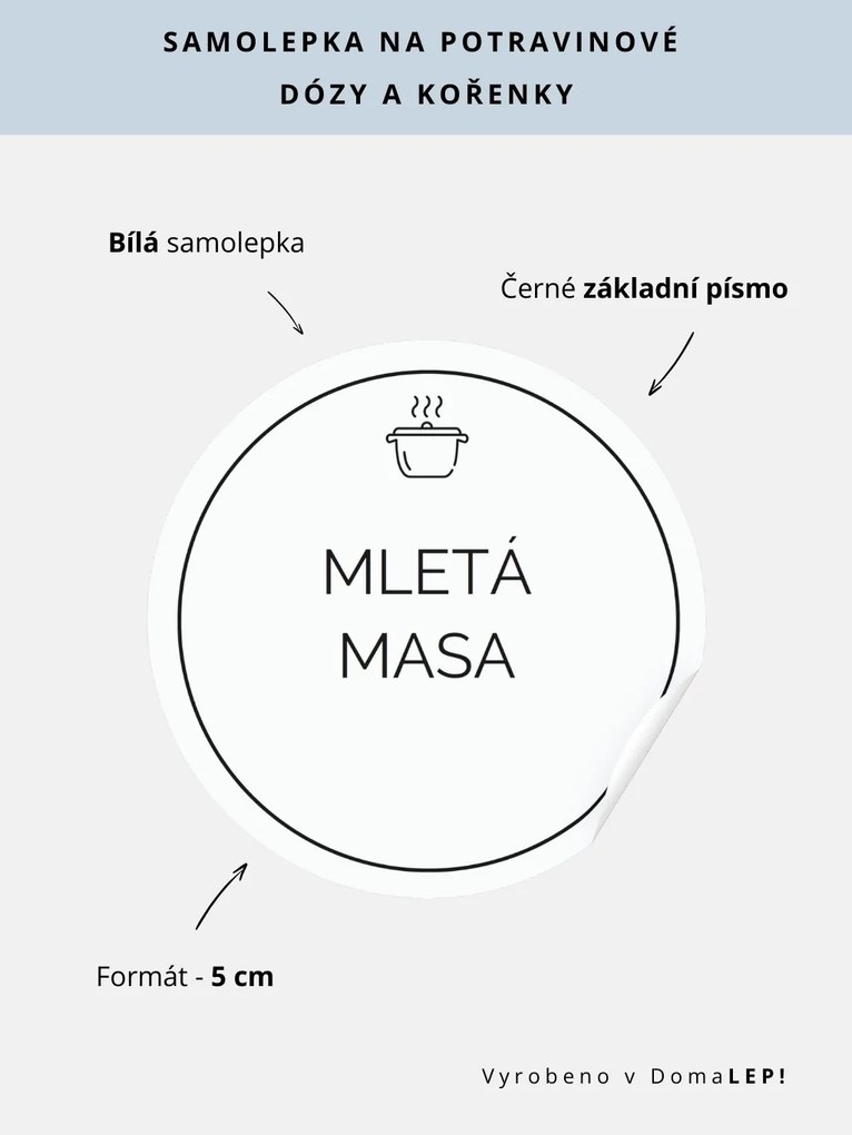 Samolepka na kořenky MLETÁ MASA bílá 5 cm základní písmo
