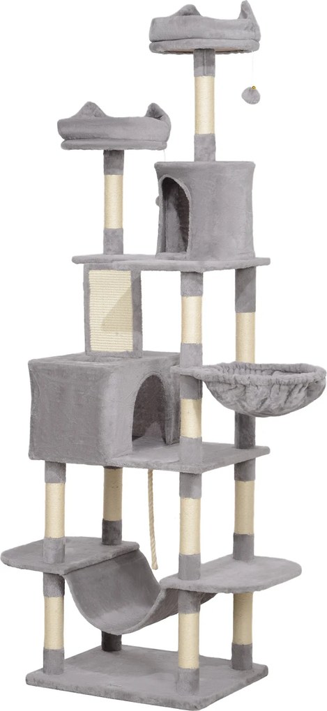 PawHut Kočičí škrabadlo Vysoké 206 cm - Strom pro kočky s plošinami, norami, visícími míčky a houpacími sítěmi, Světle šedá