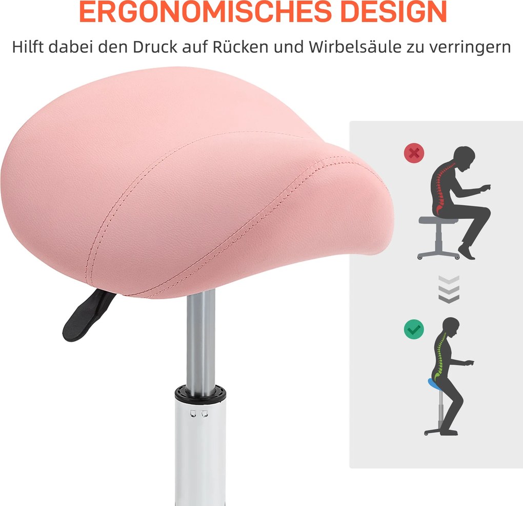 HOMCOM Výškově nastavitelná stolička 49-61 cm pracovní stolička 360° otočná stolička kancelářská stolička pro kancelář, salon, masáž, spa Růžová
