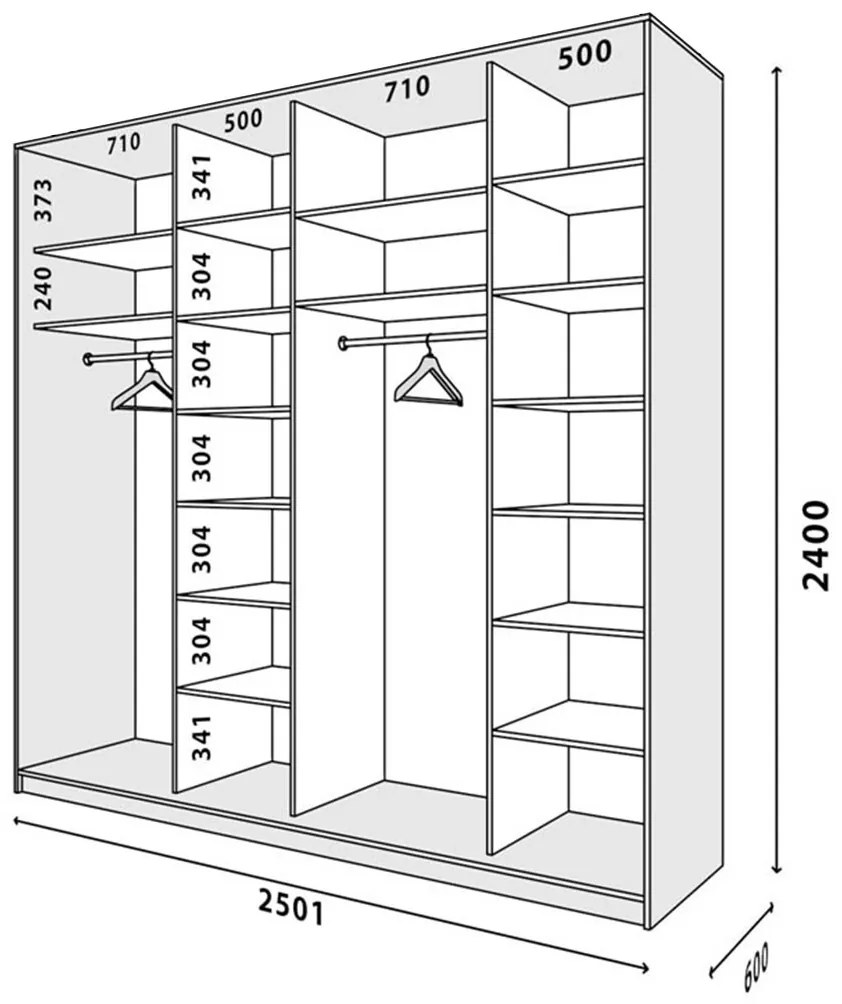 Skříň 4D 2500x600x2400, 4 DTD, Světlý dub sonoma