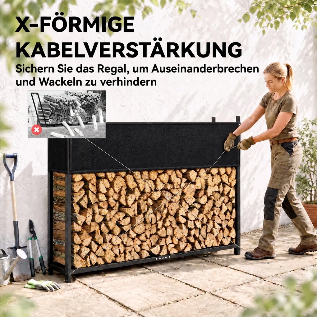 Outsunny Stojan na palivo 202 x 25 x 113 cm, stojan na dřevo s 600D Oxford krytem, ocelový rám do 500 kg, černý