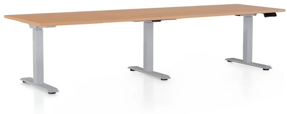 Výškově nastavitelný stůl OfficeTech Long, 260 x 80 cm, šedá podnož, buk