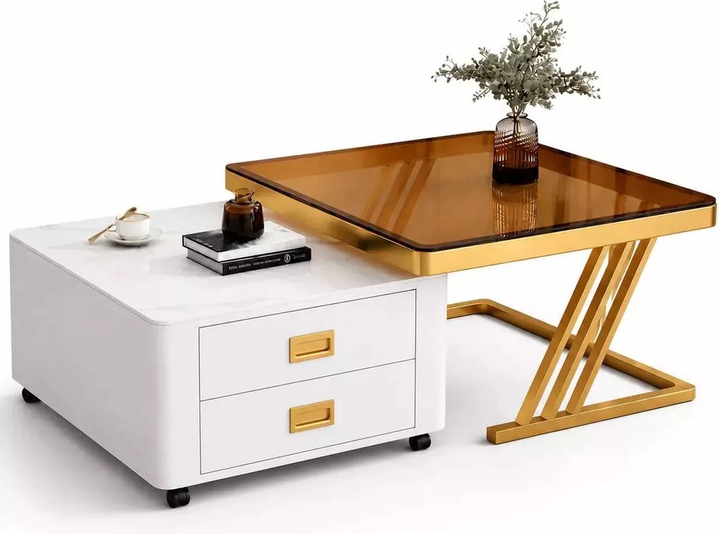 LuxuryForm DESIGN Konferenční stolek BOLT 70 × 70 / 60 × 60 cm – bílý / zlatý (set 2 ks)