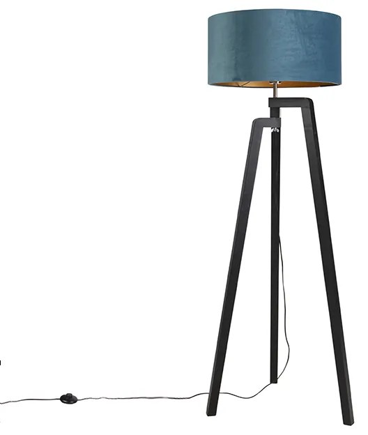 Stojací lampa trojnožka černá s modrým stínítkem a zlatem 50 cm - Puros