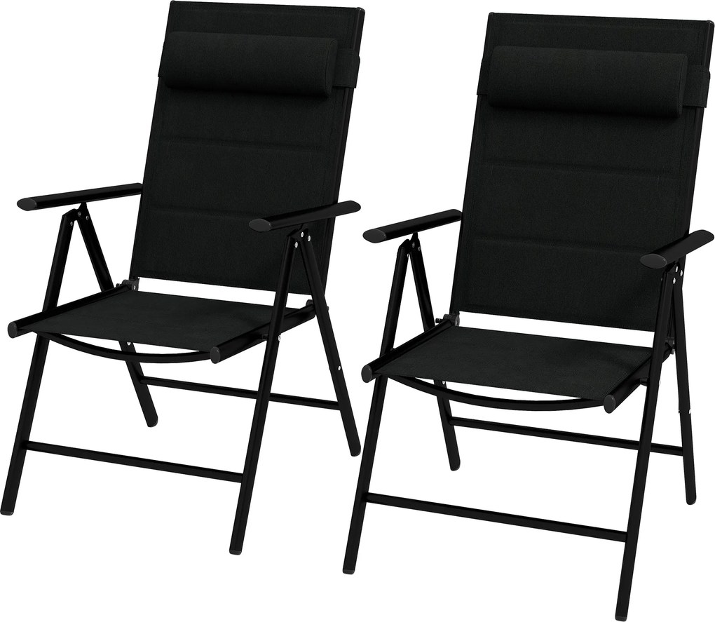 Sada 2 skládacích campingových židlí Outsunny s hliníkovým rámem, nosnost 130 kg, pro terasu a pláž 54x67x108 cm Černá | Aosom