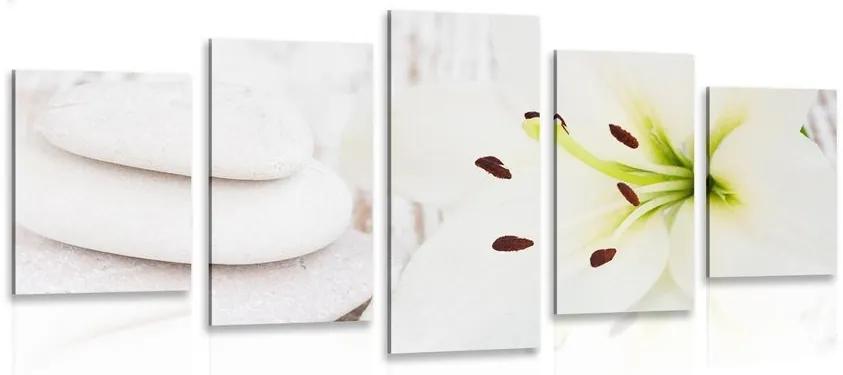 5-dílný obraz lilie a masážní kameny v bílém provedení - 200x100 cm