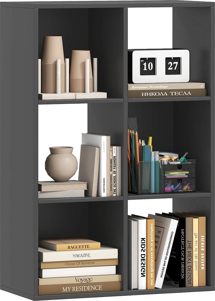 HOMCOM regálový stojan ve tvaru kostky se 6 přihrádkami z dřeva v rustikálním designu, 61,5x29,5x91,5 cm, černá